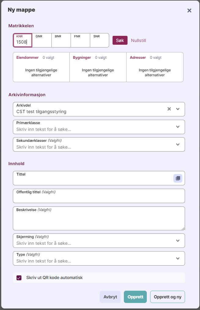 Lage ny saksmappe eller mappe i nytt webgrensesnitt