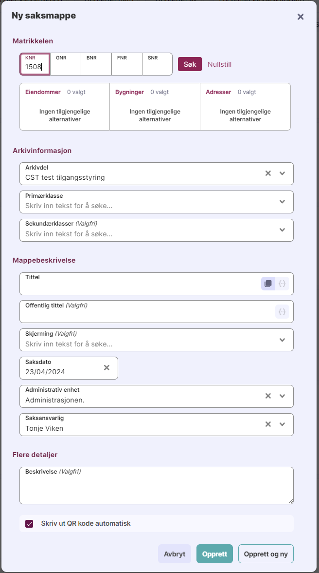 Lage ny saksmappe eller mappe i nytt webgrensesnitt